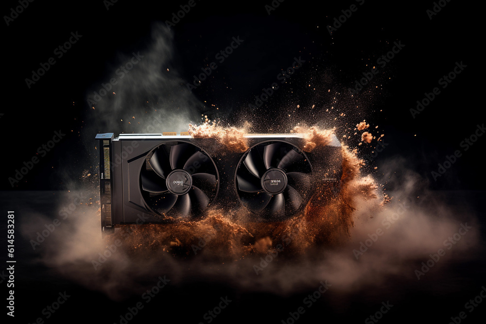 Close-up modern GPU graphic card spinning with dynamic background ...