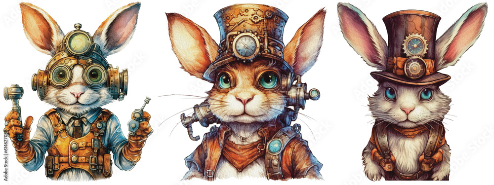 Set of a fantastic portrait rabbit of an attractive steampunk style ...