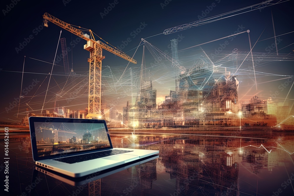 Building Success: A laptop amidst a bustling construction site ...