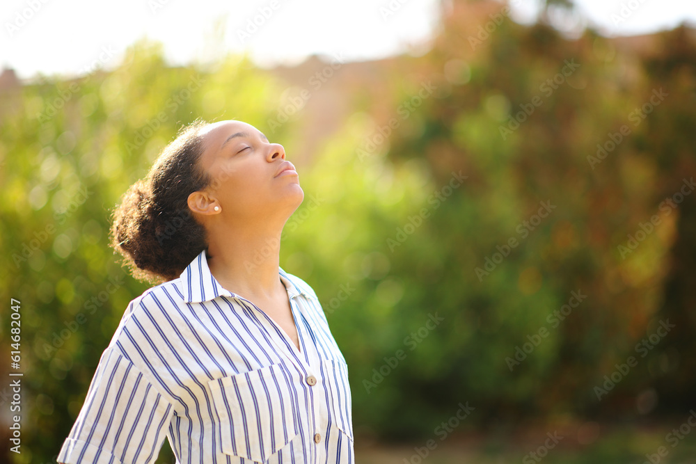Black woman breathing fresh air in a park Stock Photo | Adobe Stock