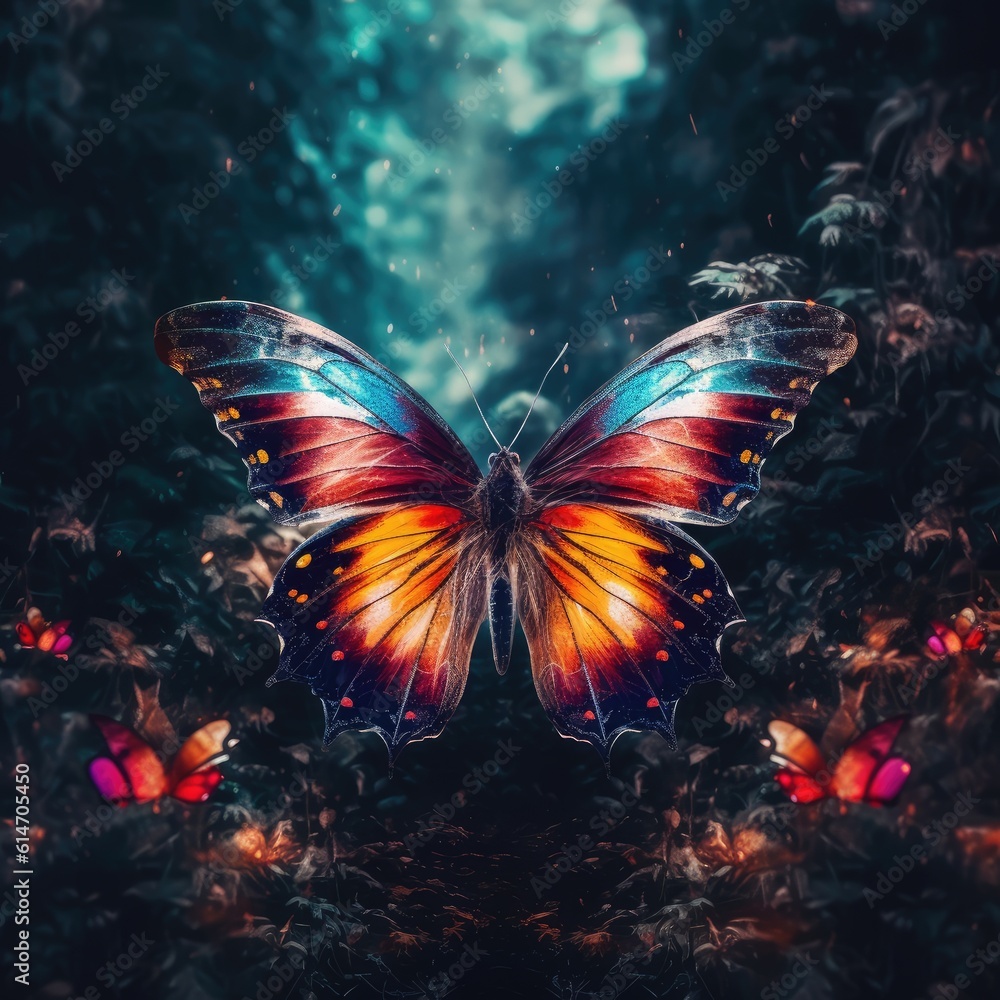 Magical glowing night butterflies in the forest. AI Generation Stock ...