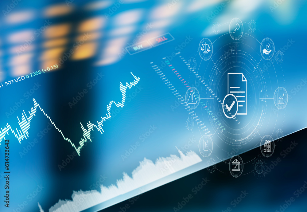Screen with growth charts and financial symbols, inflation Stock Photo ...