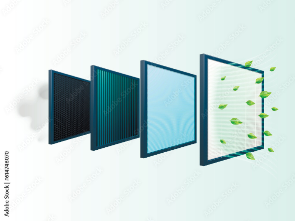 Realistic air filtering. 3D filter of conditioner, purifier carbon ...