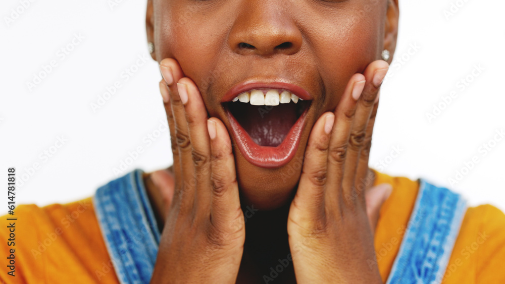 Success, shock mockup and zoom of girl with excited, crazy and comic ...