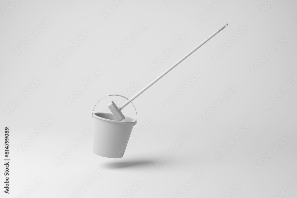 White broom and bucket on white background with shadow in monochrome ...