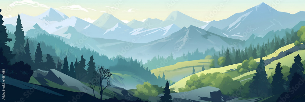 Flat 2d illustration of a mountain landscape, Panoramic view, art ...