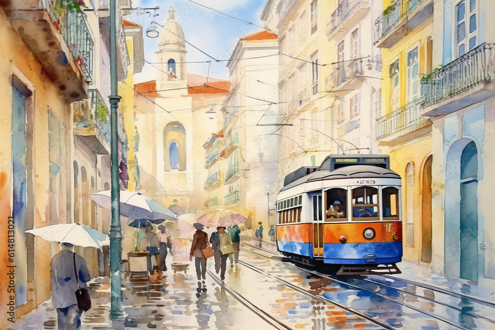 lisbon illustration. Capital of portugal. drawing with watercolor ...