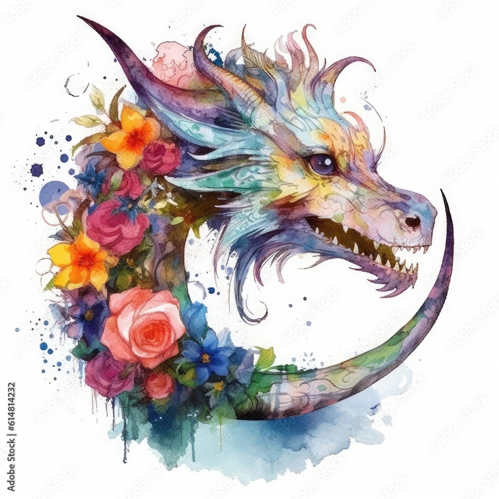 Dragon and flowers watercolor illustration, clipart, cute abstract art ...