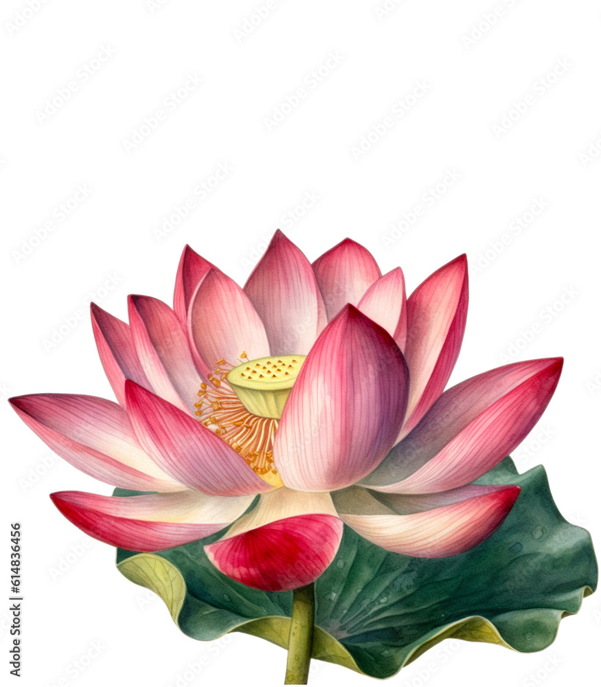Watercolor painting of a beautiful pink lotus flowers on a white ...