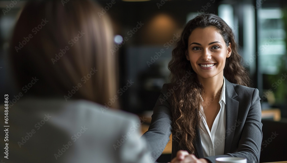 Confident focused businesswoman, teacher or mentor coach speaking to ...