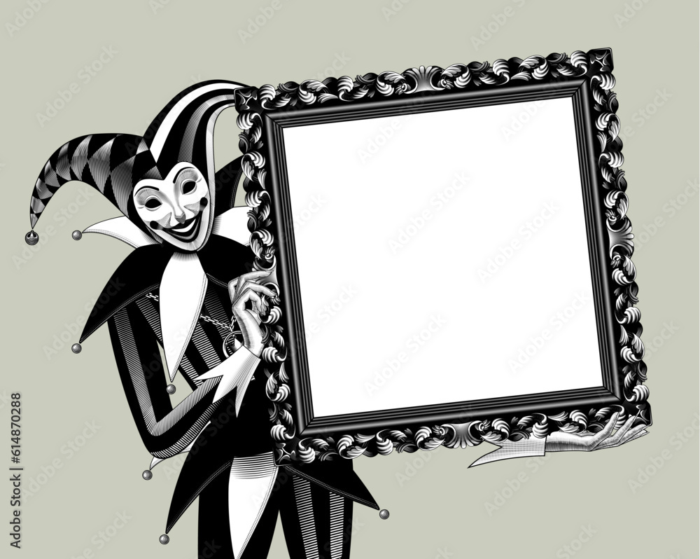 Smiling Joker holding a square sign in a classic frame. Vintage ...