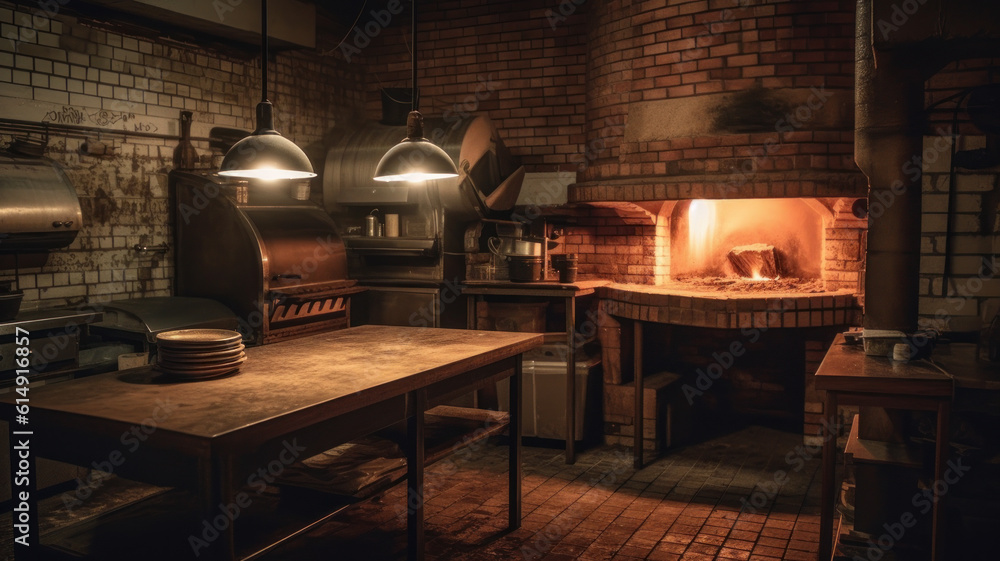 Italian restaurant kitchen interior with traditional wood fired brick ...