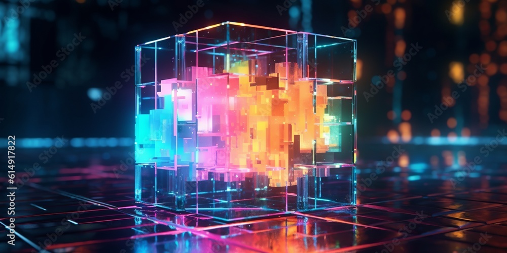 Reflective glow of neon lights on a cube, creating a captivating and ...
