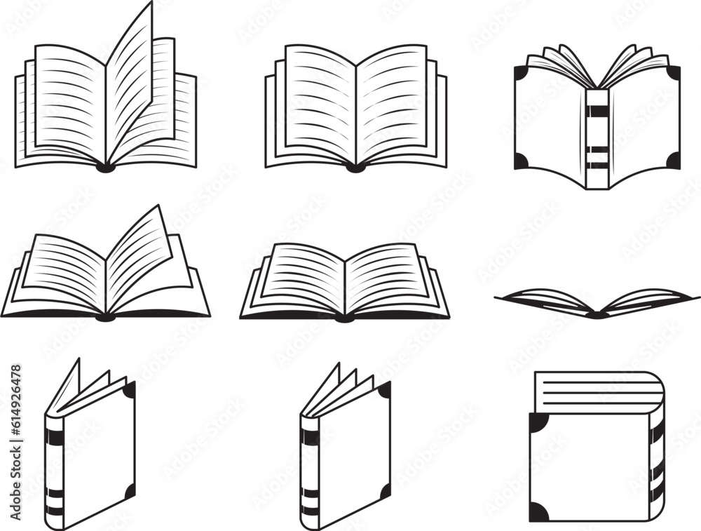 Open book side perspective vintage hand drawing icons collection ...