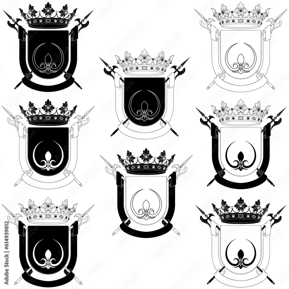 Middle ages heraldic shield, coat of arms with heraldic symbol of fleur ...