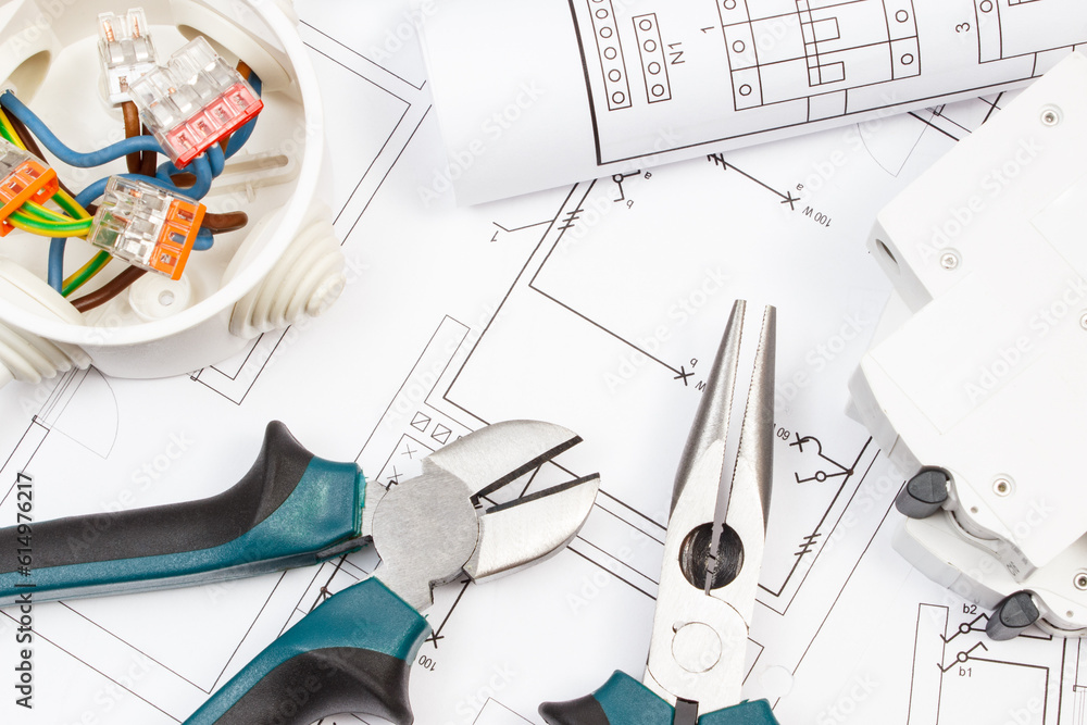 Tools using for works, electric fuse and box with connected colorful ...