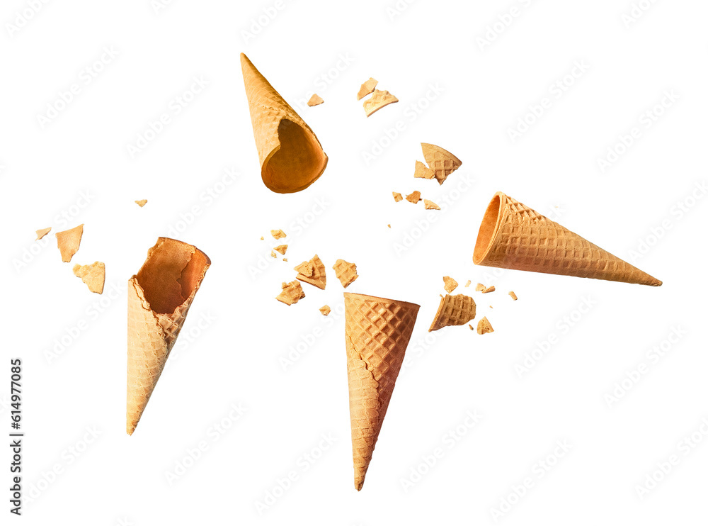 ice cream wafer cones isolated on white background with broken wafer ...