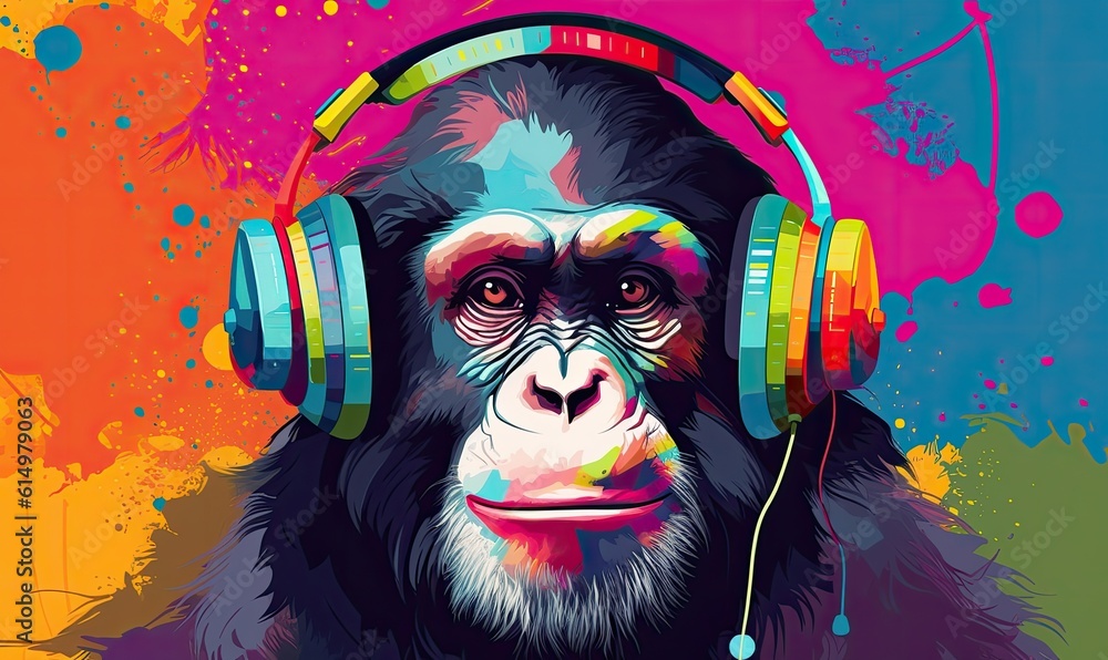 The lively monkey ape, wearing headphones, brought the party spirit ...