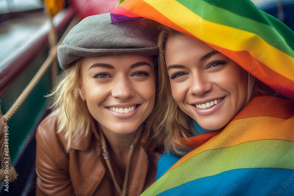 International generative ai lesbian couple in a boat in Amsterdam ...