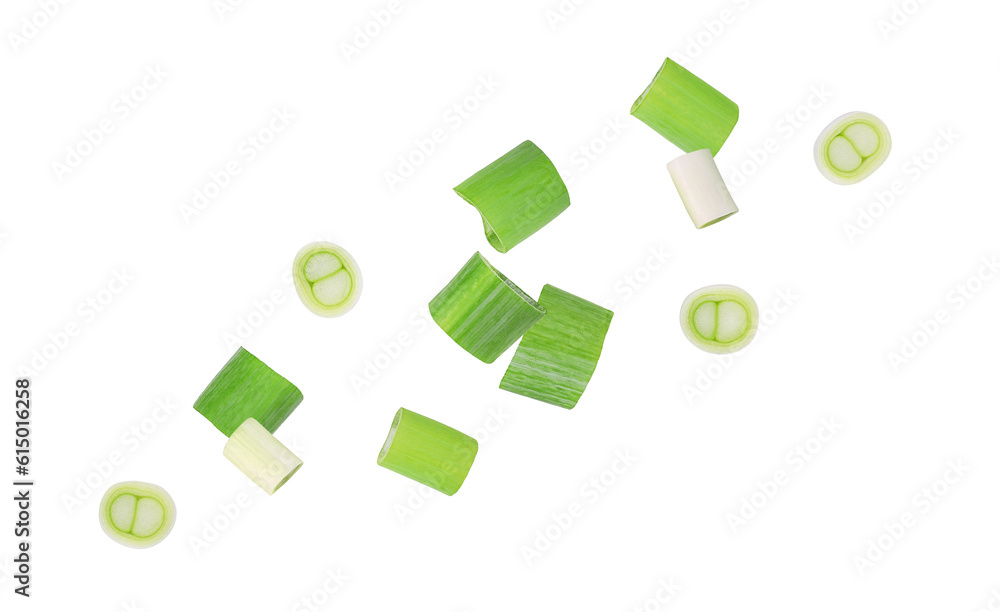 Green japanese onion falling in the air isolated on transparent ...