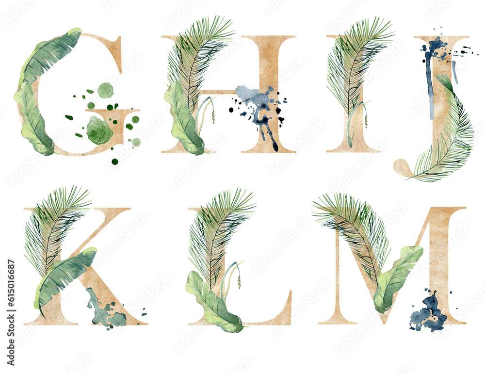Watercolor floral letters with tropical leaves for wedding invitations ...