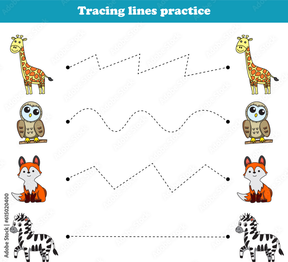 Tracing Lines giraffe owl fox zebra. Educational games. Worksheet ...