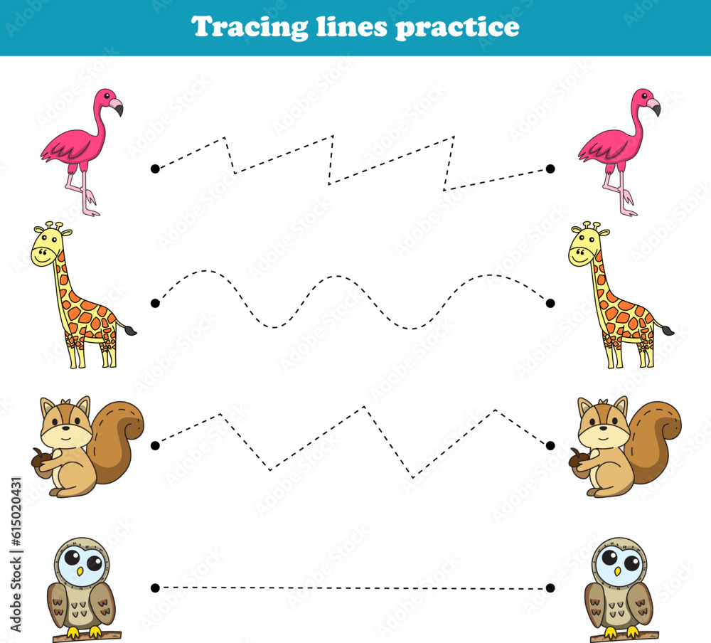 Tracing Lines flamingo giraffe squirrel owl. Educational games ...