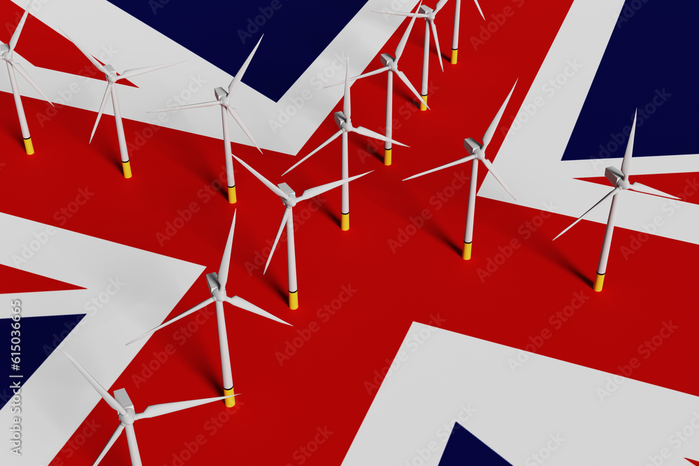 Wind turbines electricity generators installed on the UK national flag ...