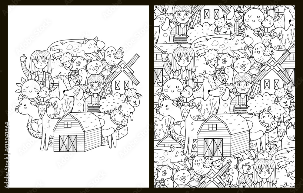 Coloring pages set with cute farm characters. Doodle background with ...
