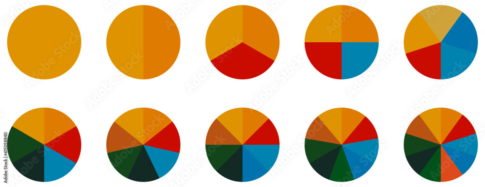 Circle pie chart icons. Colorful diagram with 10 sections. Vector ...