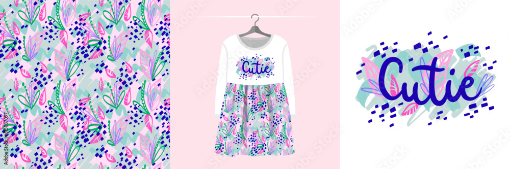 Seamless pattern and illustration set with abstract floral hand-drawn ...