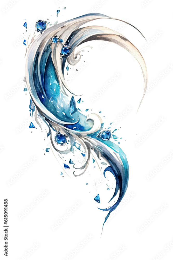 sapphire and silver swashes, watercolor paint abstract border frame for ...