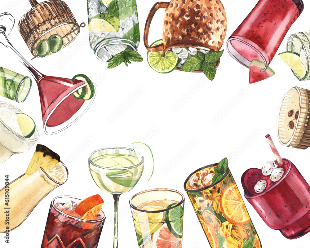 Watercolor frame, cocktail glasses: martini, gin,margarita,mojito ...