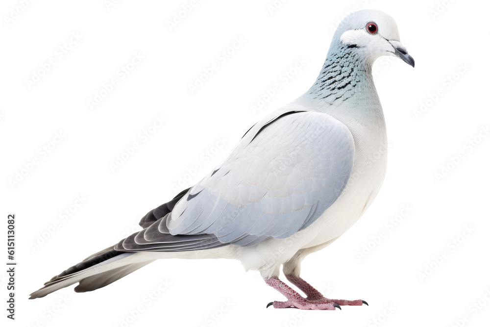 An elegant white dove with light blue colors, side view, isolated ...