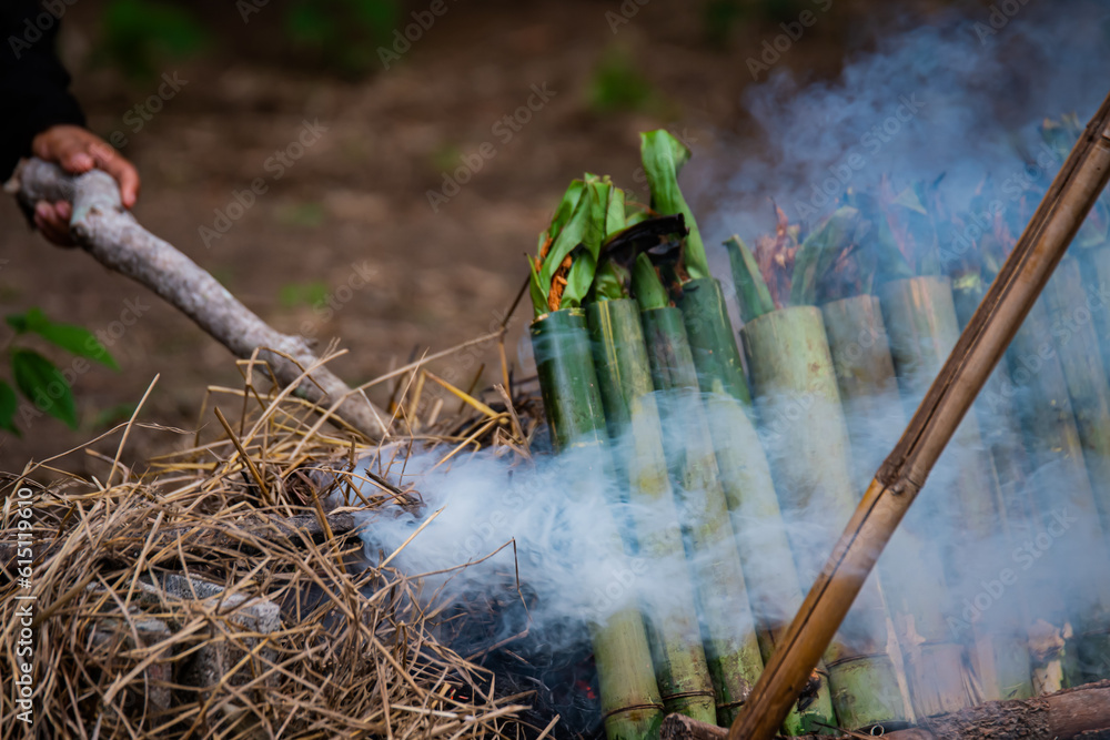 Traditional Thai dessert "Khao Lam" bamboo tube with sticky rice Sticky ...