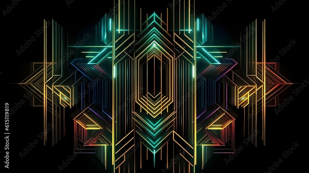 Many geometric shapes that exhibit a shiny, metallic, and neon ...
