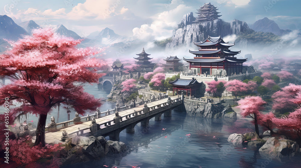 illustration of ancient orient Asian castle in nature cherry blossom ...