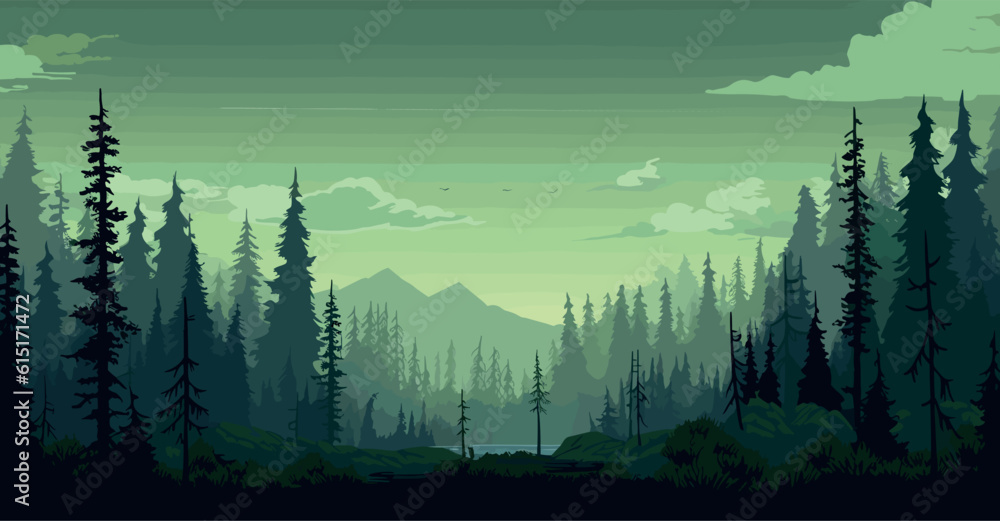 forest with mountains and trees, landscape vector illustration Stock ...