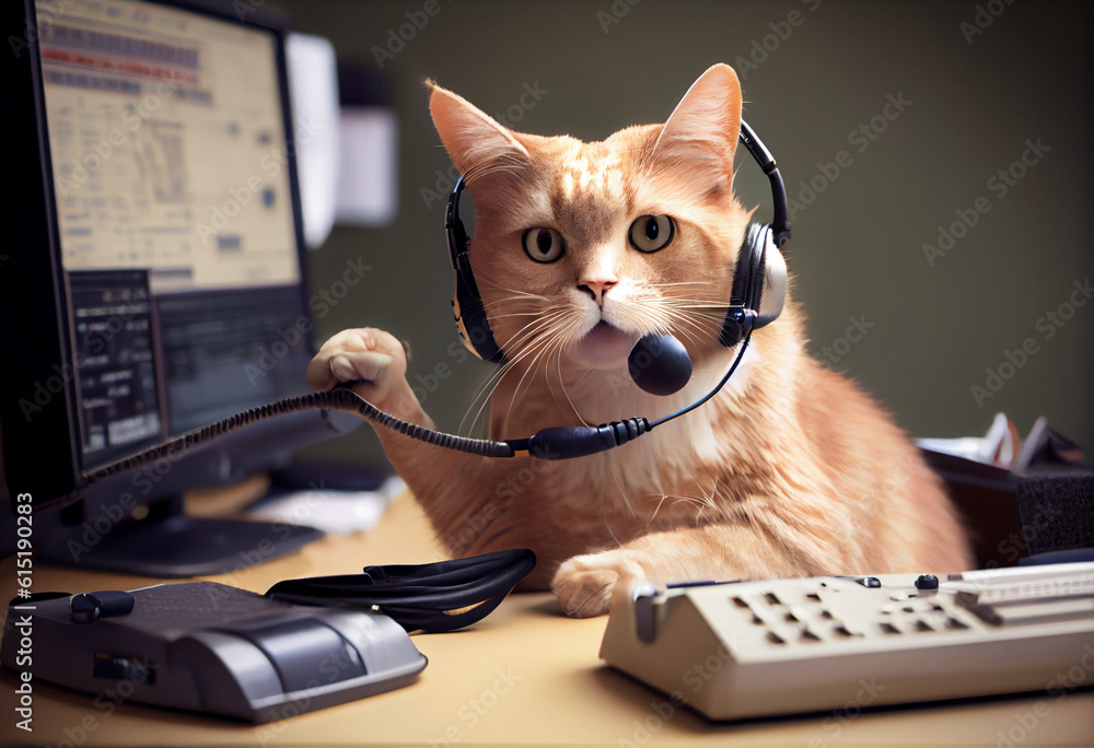 Call center employee cat. A cat with a telephone headset on its head ...