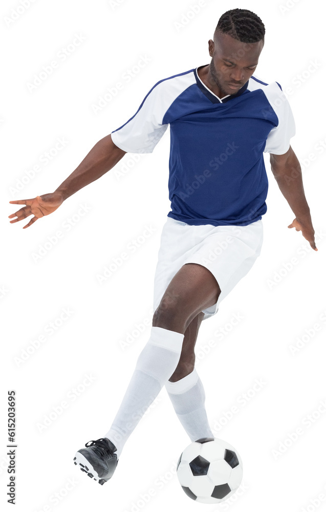 Digital png photo of african american footballer kicking ball on ...