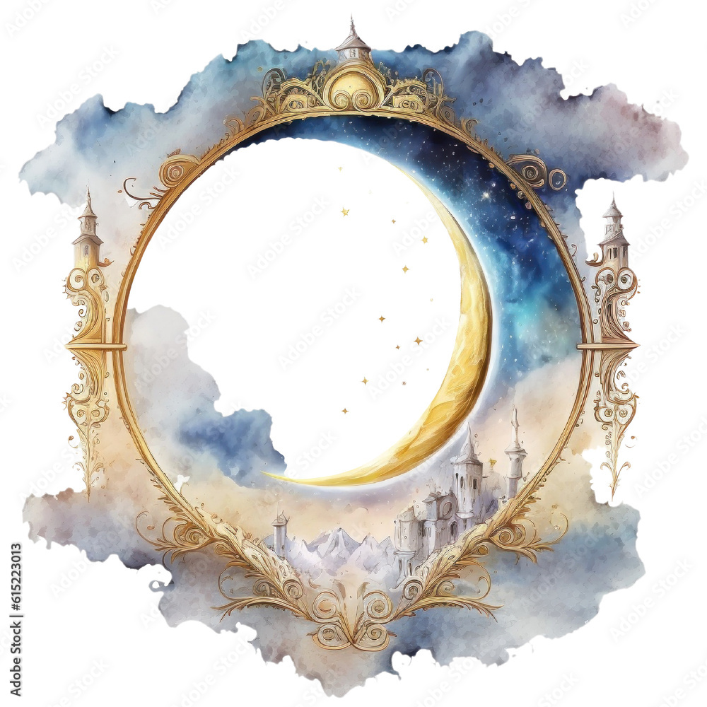 Celestial gold frame with clouds, crescent and heavenly castle, Night ...