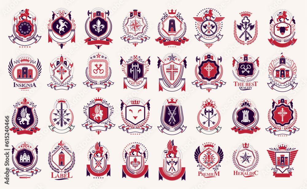 Vintage heraldic emblems vector big set, antique heraldry symbolic ...