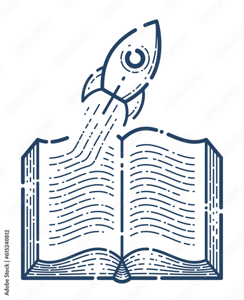 Open book with launching rocket vector linear icon, missile start up ...