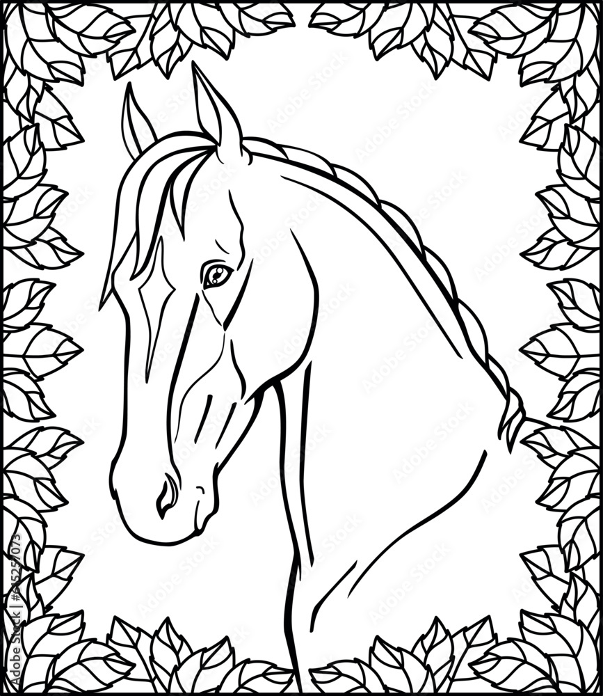 Horse. Portrait of a graceful Akhal-Teke horse in a frame of leaves ...