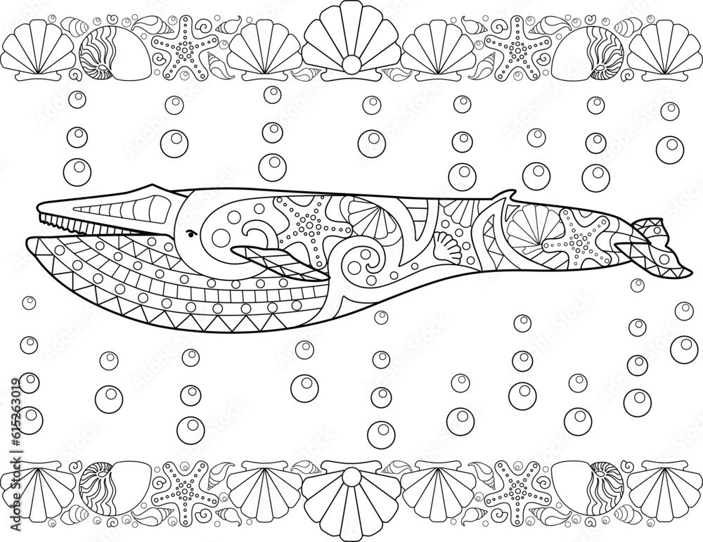 Blue whale antistress with shell borders - vector linear picture for ...