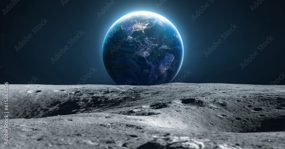 Moon and Earth. Moon with craters in deep black space. Moonwalk. Earth ...