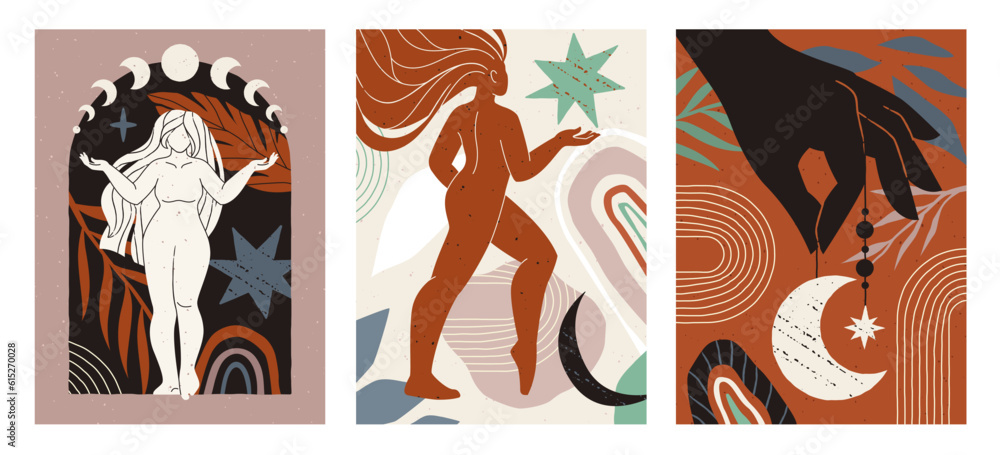 Image vectorielle Stock Esoteric posters set. Sacred magical goddess in boho style. Abstract ...