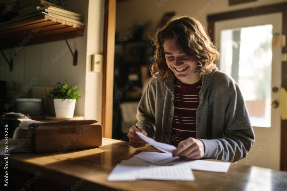 Candid capture of a joyful young man holding a college acceptance ...