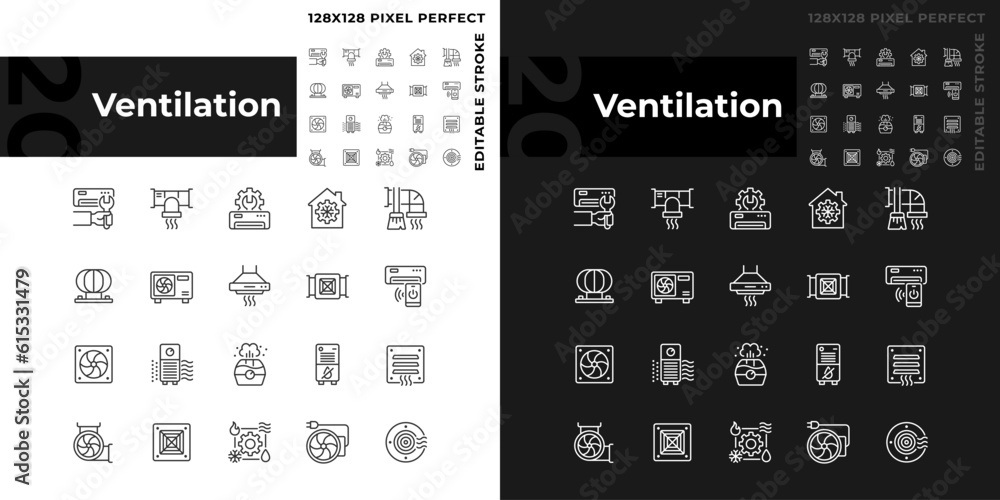 Ventilation linear icons set for dark, light mode. Air condition. Hvac ...