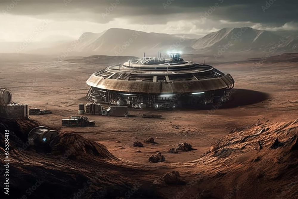 Futuristic alien base built on the captivating terrain of planet Mars ...